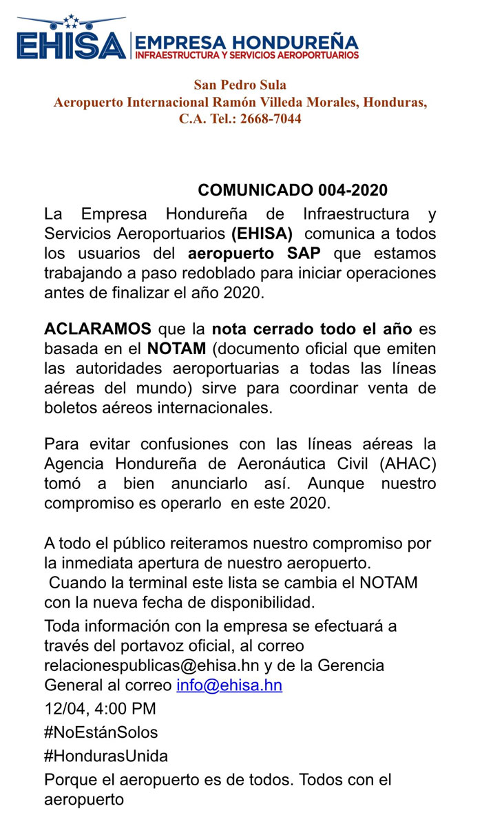 EHISA sostiene que aeropuerto de SPS retomara sus operaciones en 2020 ...